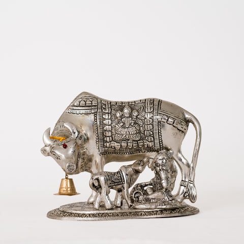 Metal Kamdhenu Cow & Calf with Bal Gopal Krishna Statue – DecorTwist